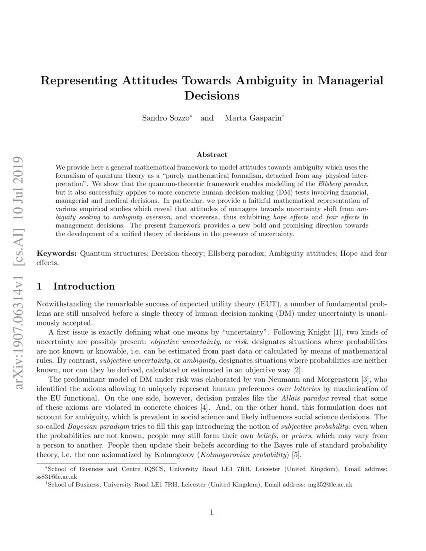 Representing Attitudes Towards Ambiguity in Managerial Decisions | DeepAI