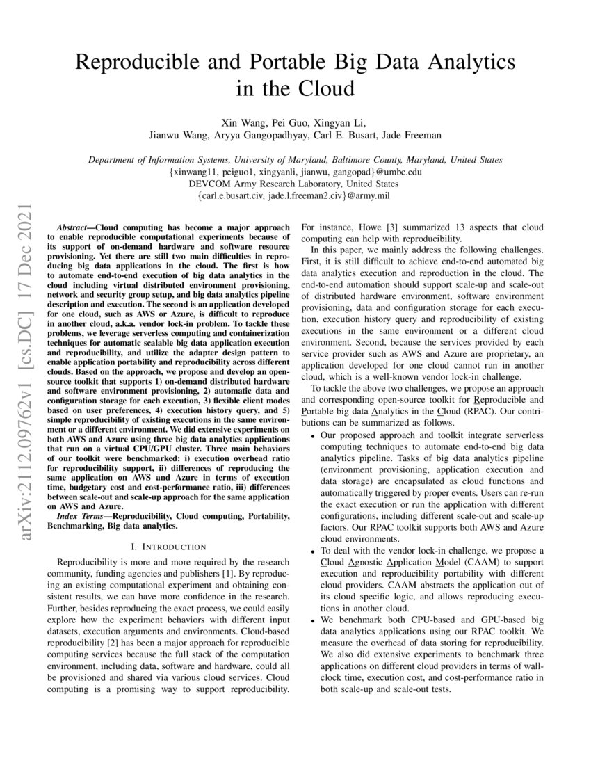 Reproducible and Portable Big Data Analytics in the Cloud | DeepAI