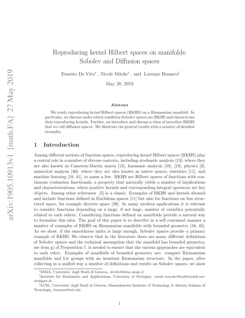 Reproducing Kernel Hilbert Spaces On Manifolds Sobolev And Diffusion Spaces Deepai