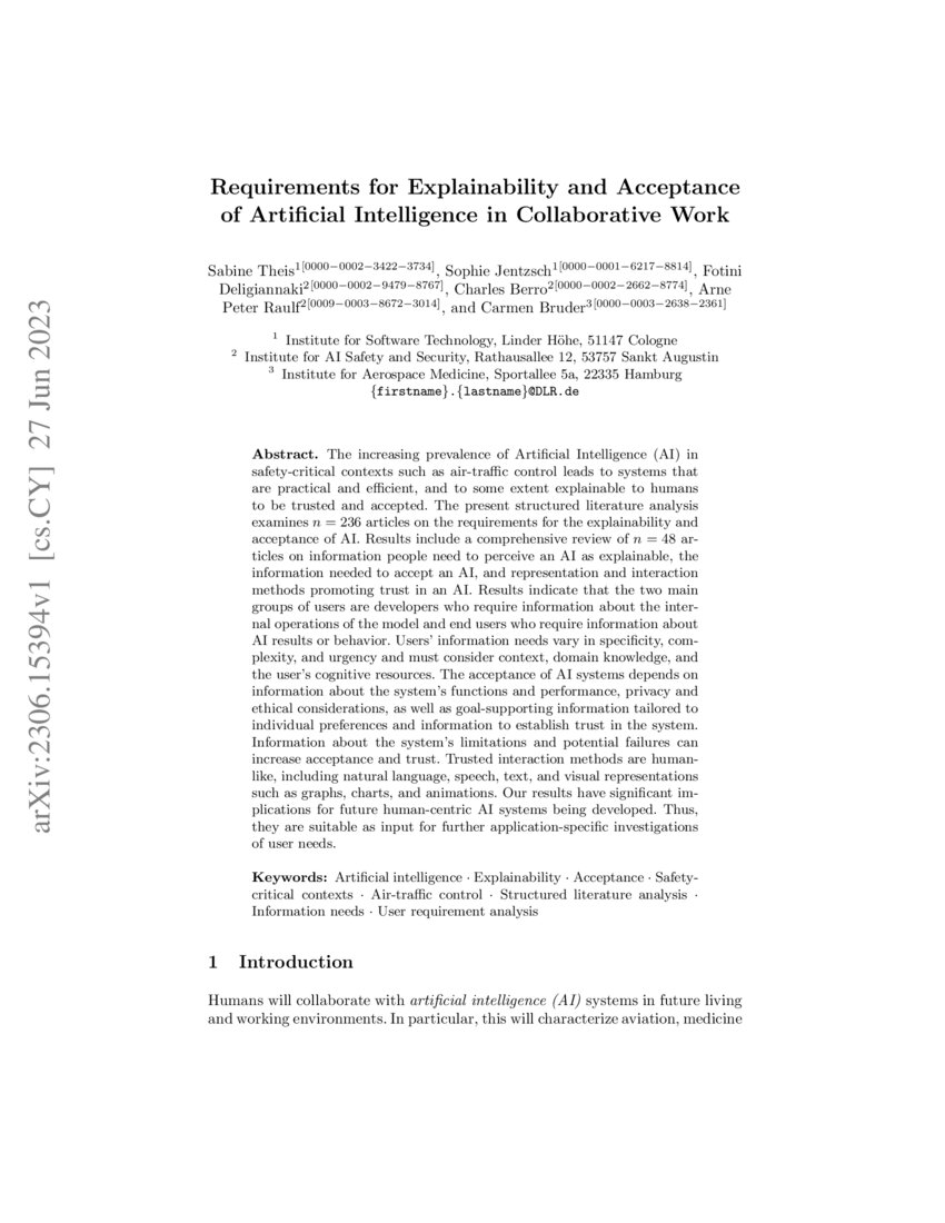 Requirements for Explainability and Acceptance of Artificial Intelligence in Collaborative Work ...
