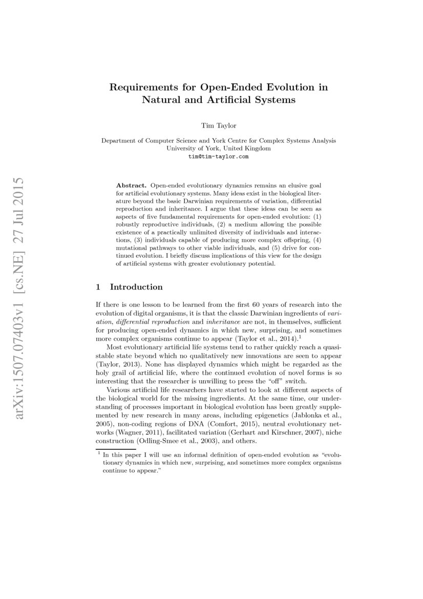 Requirements for Open-Ended Evolution in Natural and Artificial Systems ...