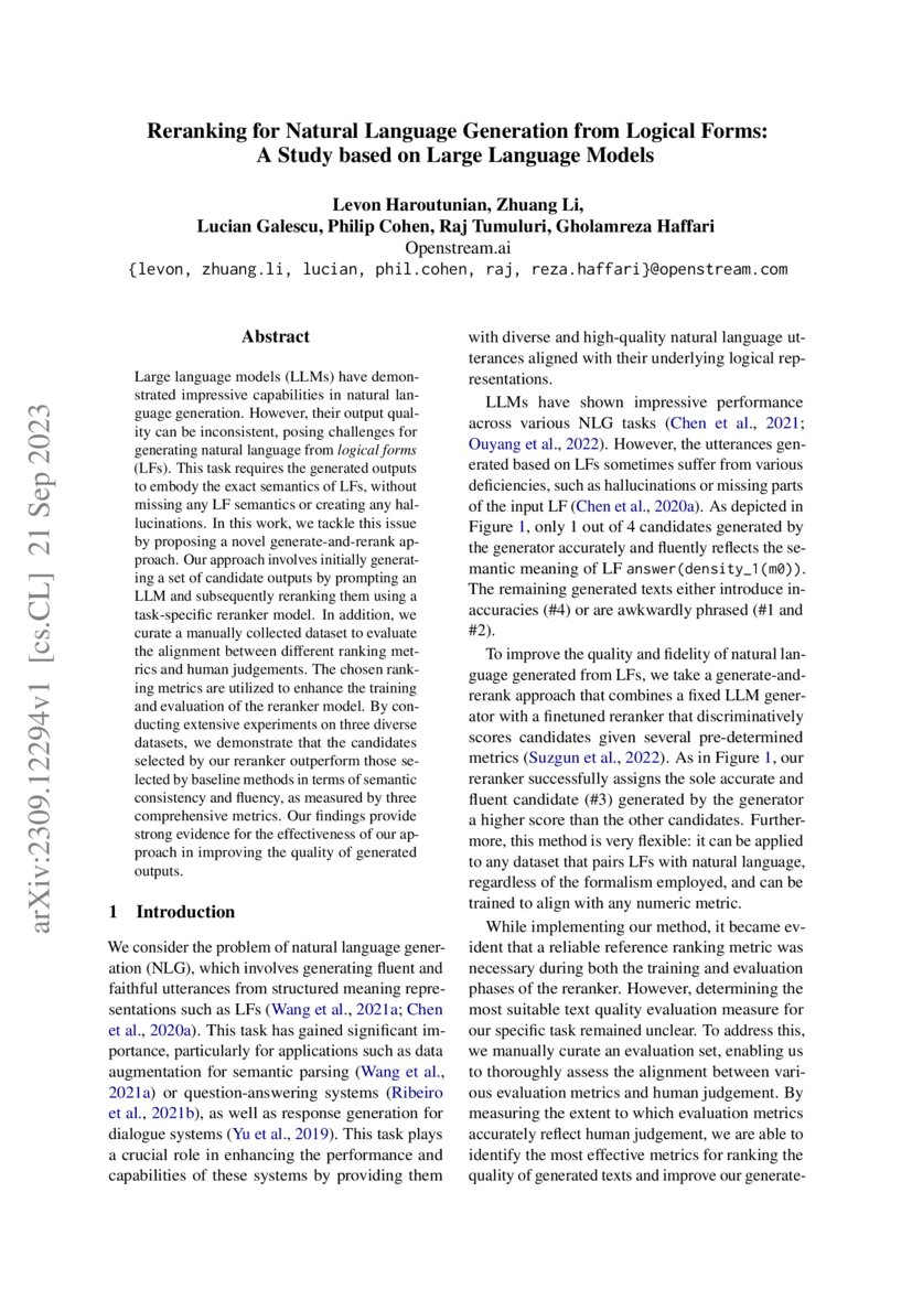 Reranking for Natural Language Generation from Logical Forms: A Study based on Large Language ...