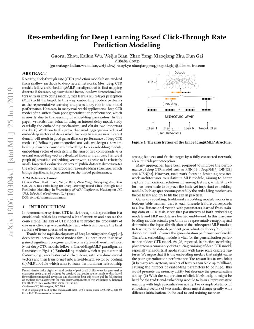 Res Embedding For Deep Learning Based Click Through Rate Prediction Modeling Deepai