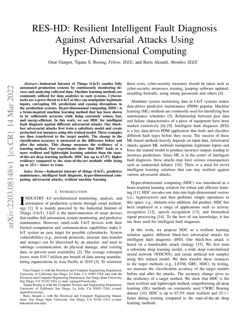 RES-HD: Resilient Intelligent Fault Diagnosis Against Adversarial Attacks Using Hyper ...