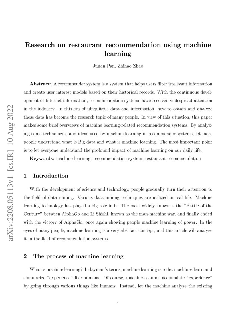 Research On Restaurant Recommendation Using Machine Learning Deepai