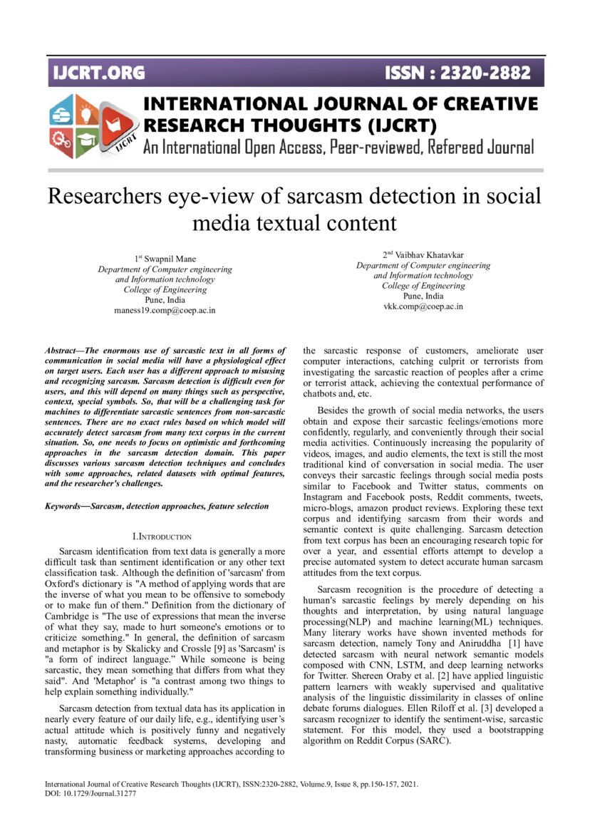 Researchers Eye View Of Sarcasm Detection In Social Media Textual