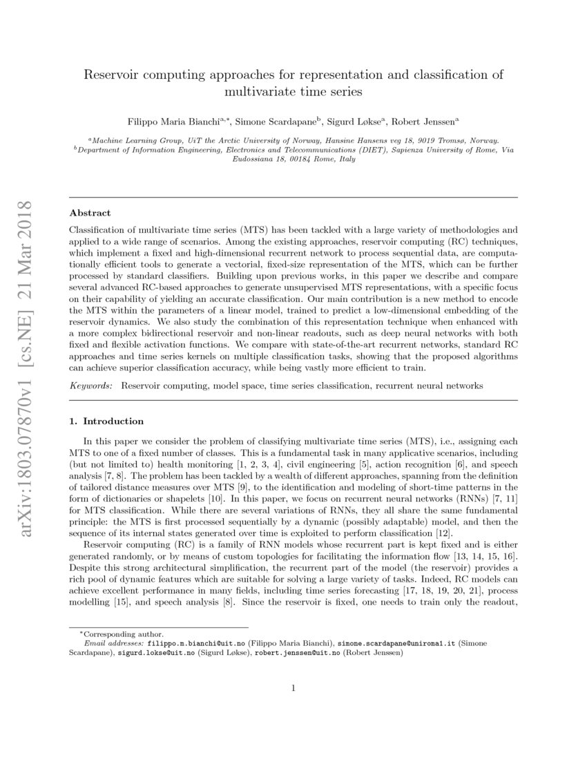 Reservoir Computing Approaches For Representation And Classification Of
