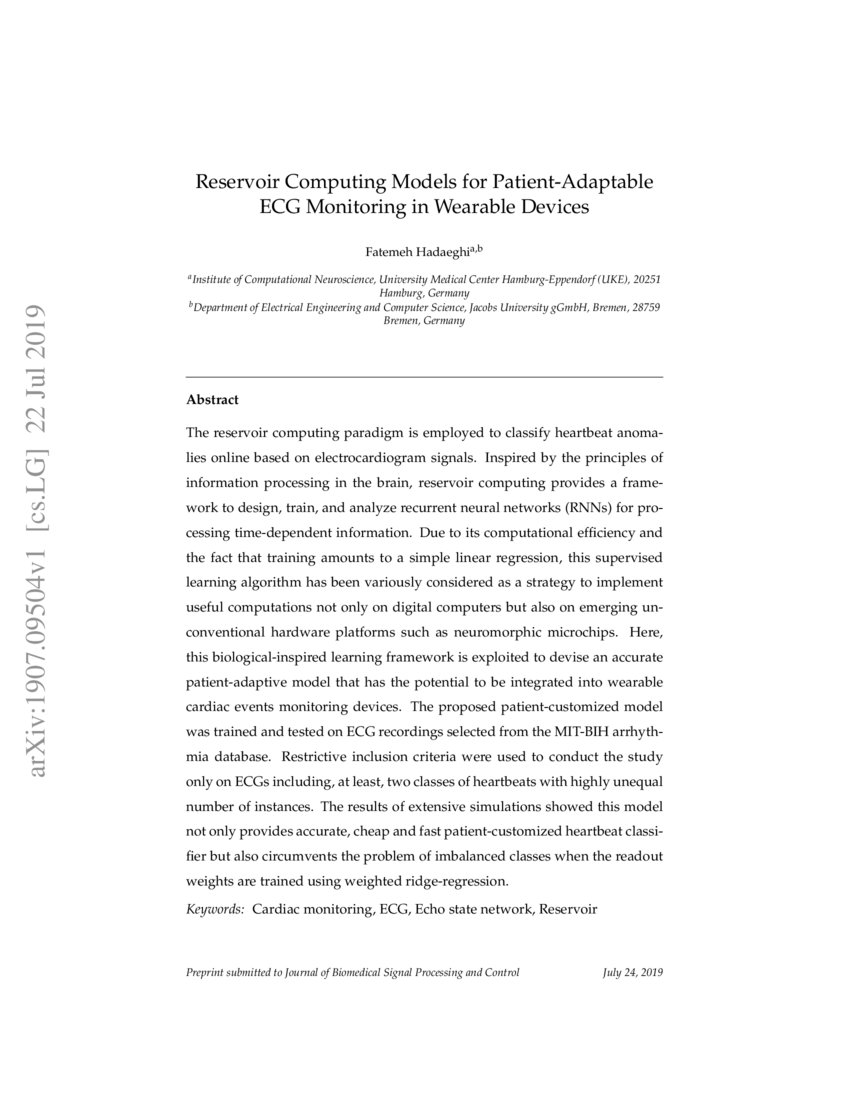 Reservoir Computing Models for Patient-Adaptable ECG Monitoring in ...