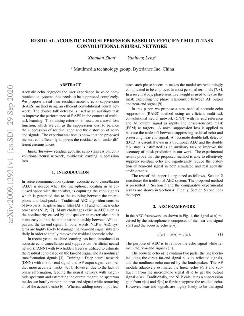 Residual Acoustic Echo Suppression Based On Efficient Multi Task Convolutional Neural Network