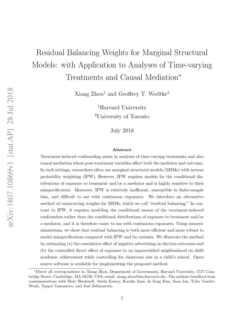 Residual Balancing Weights for Marginal Structural Models: with Application to Analyses of Time ...