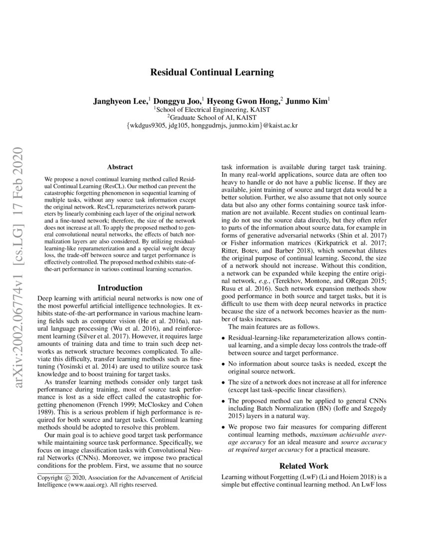 Residual Continual Learning | DeepAI