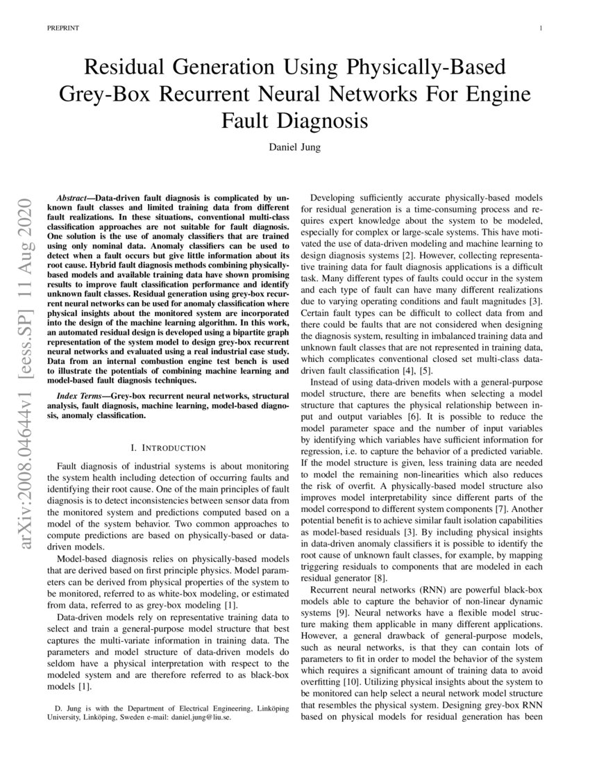 Residual Generation Using Physically Based Grey Box Recurrent Neural Networks For Engine Fault