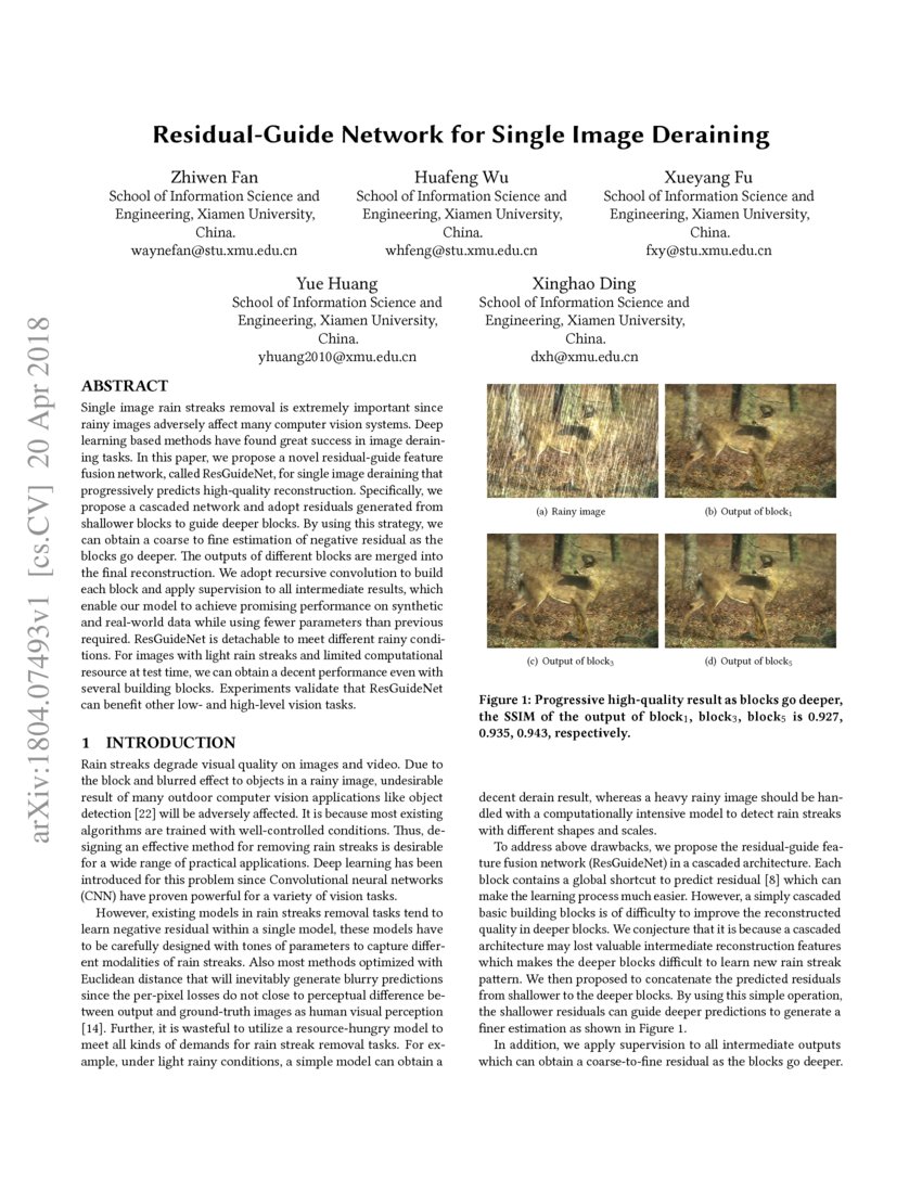 Residual-Guide Feature Fusion Network for Single Image Deraining | DeepAI