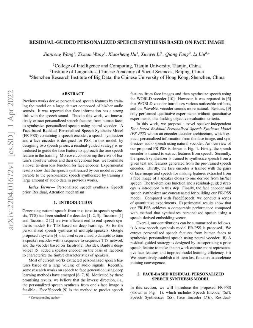 Residual-guided Personalized Speech Synthesis based on Face Image | DeepAI