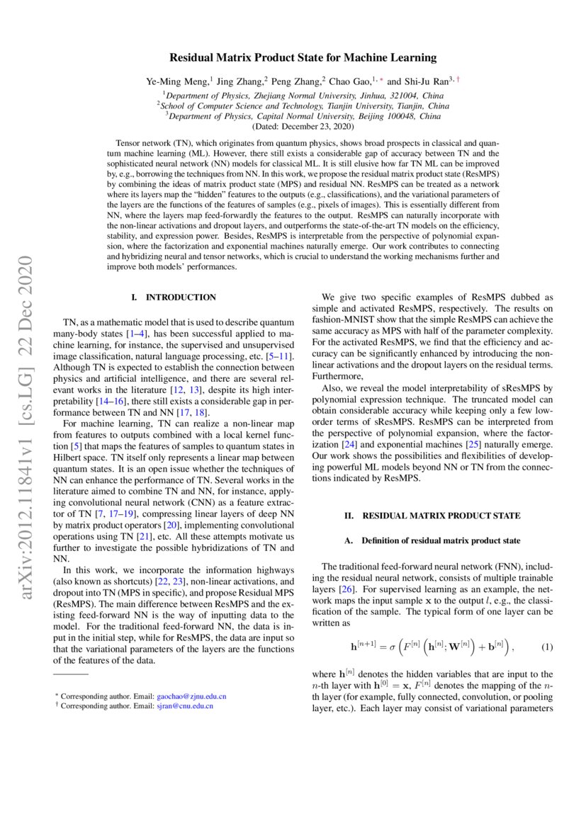 Residual Matrix Product State for Machine Learning | DeepAI