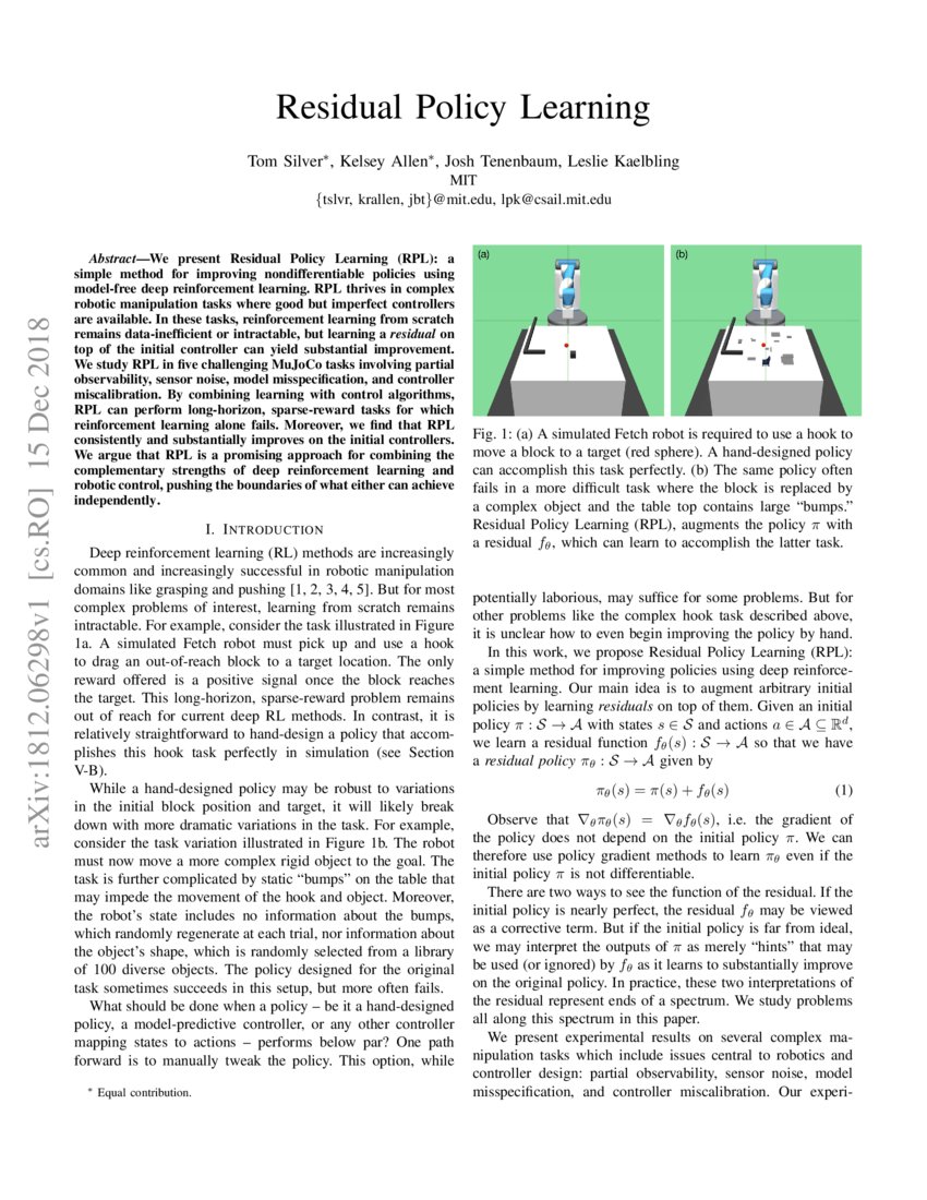 Residual Policy Learning | DeepAI