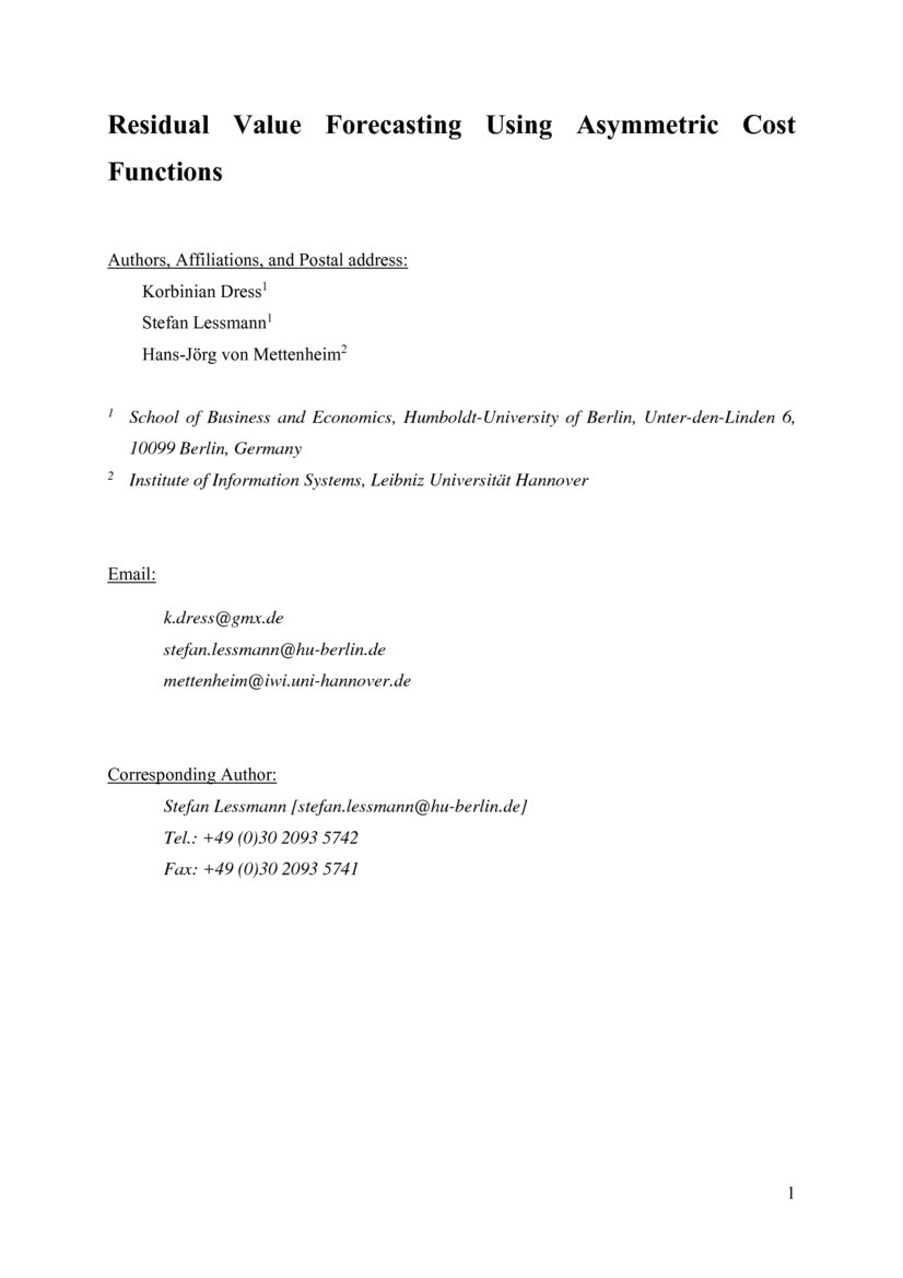 Residual Value Forecasting Using Asymmetric Cost Functions | DeepAI