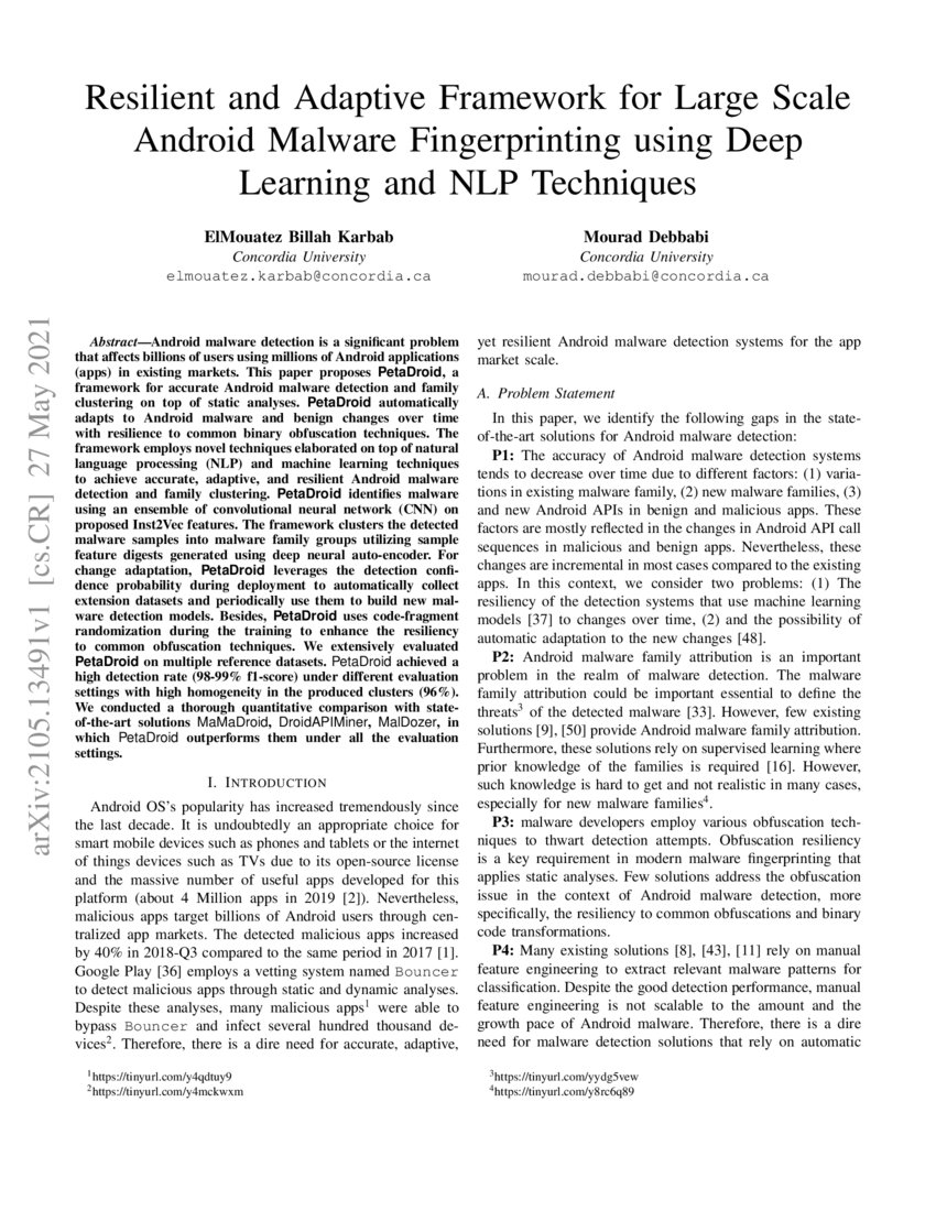 Resilient and Adaptive Framework for Large Scale Android Malware Fingerprinting using Deep ...