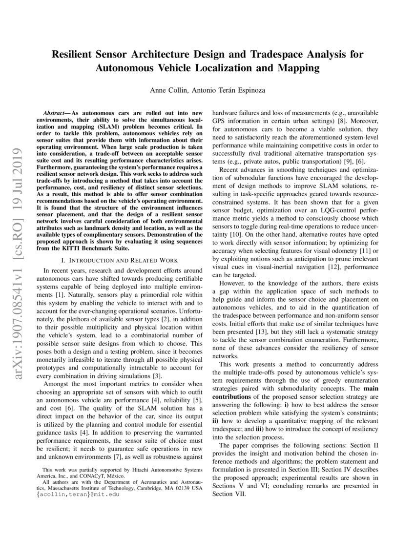 Resilient Sensor Architecture Design And Tradespace Analysis For Autonomous Vehicle Localization