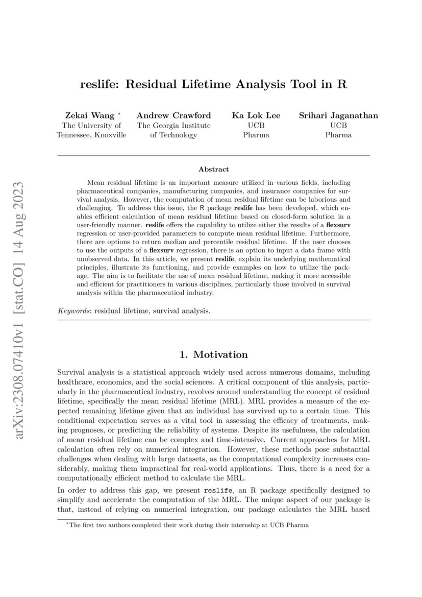 reslife: Residual Lifetime Analysis Tool in R | DeepAI
