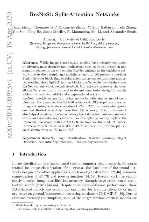 ResNeSt: Split-Attention Networks | DeepAI