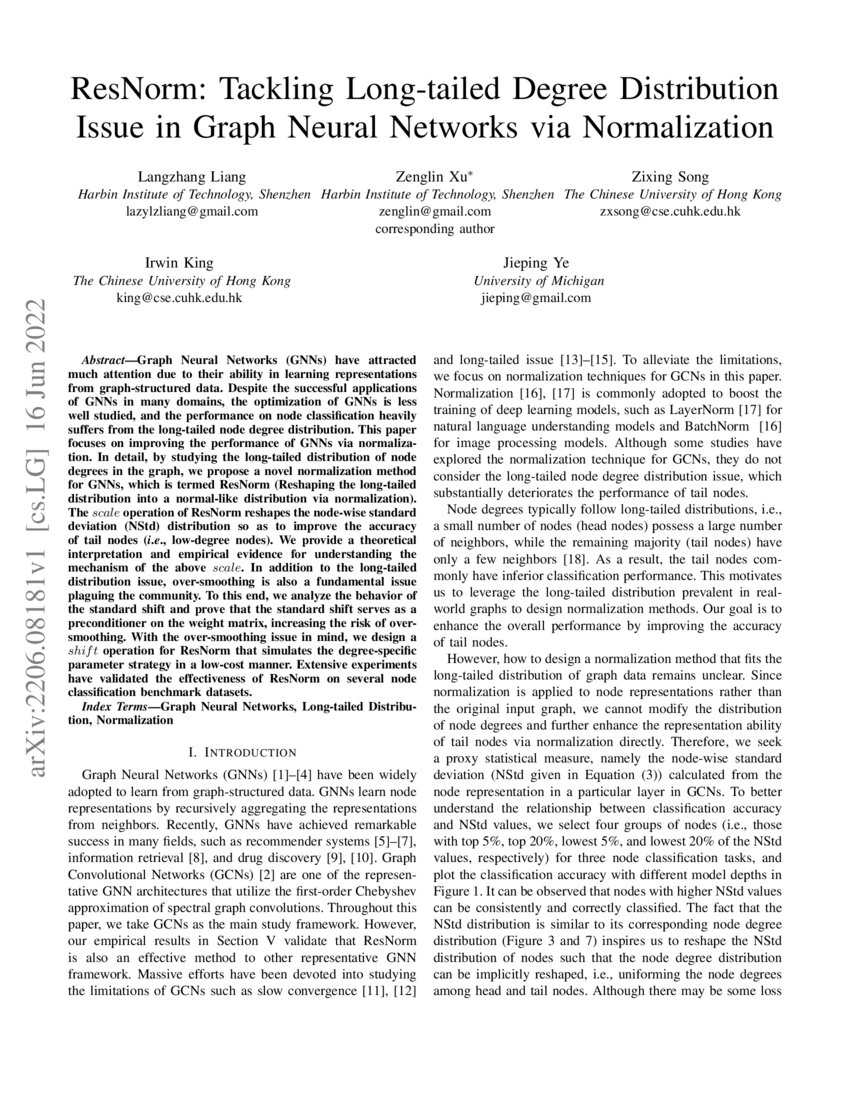 ResNorm: Tackling Long-tailed Degree Distribution Issue in Graph Neural Networks via ...