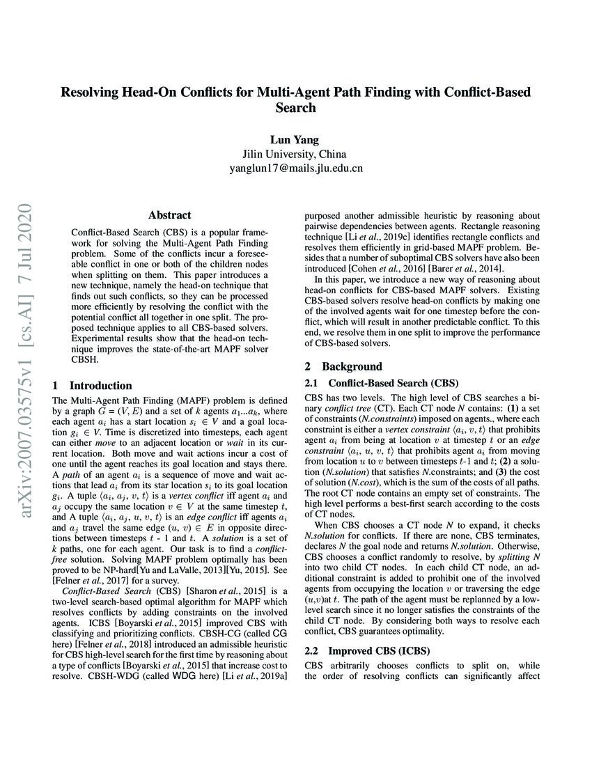 Resolving Head On Conflicts For Multi Agent Path Finding With Conflict Based Search Deepai 