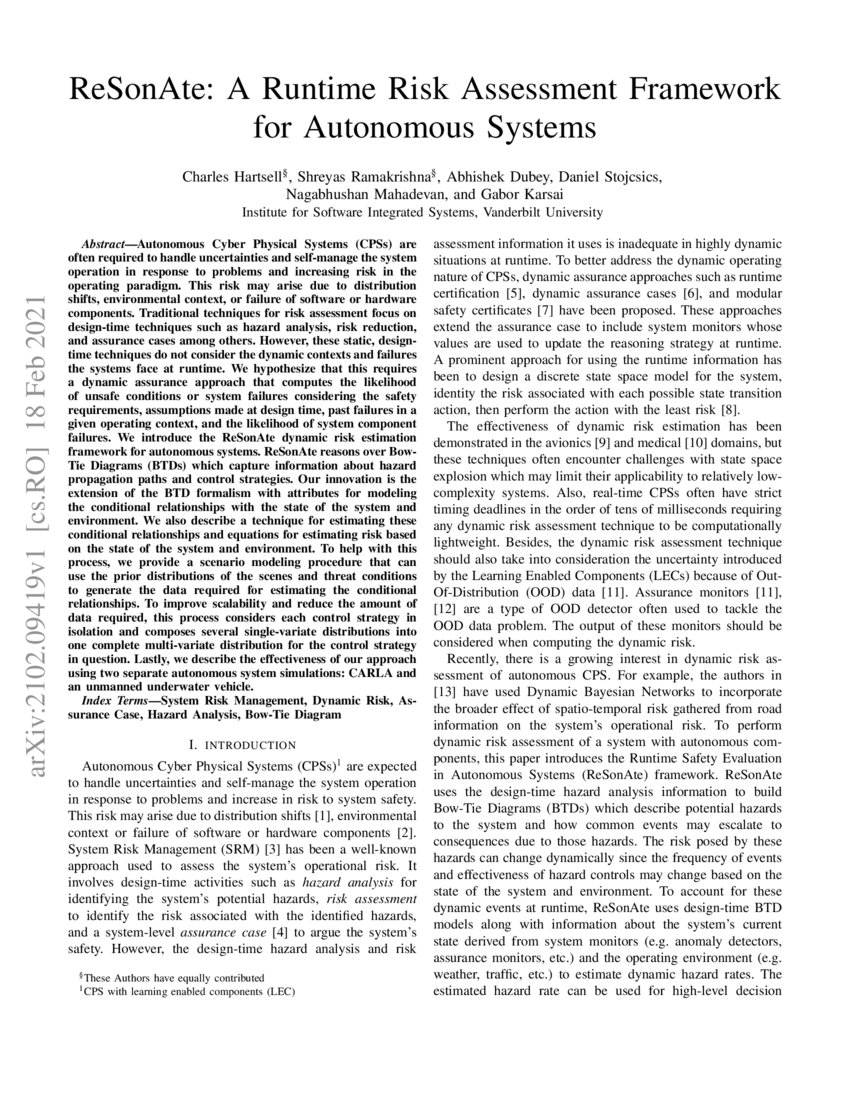 ReSonAte: A Runtime Risk Assessment Framework for Autonomous Systems | DeepAI