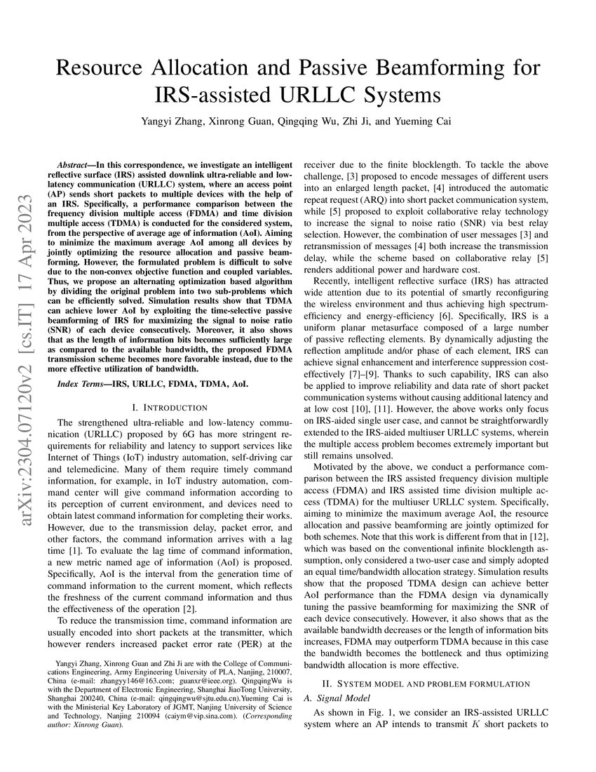Resource Allocation And Passive Beamforming For Irs Assisted Urllc Systems Deepai