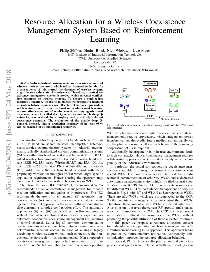Resource Allocation For A Wireless Coexistence Management System Based On Reinforcement Learning