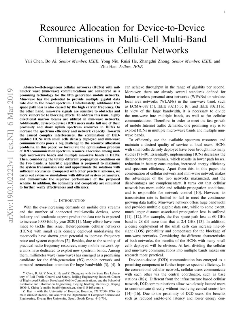Resource Allocation For Device To Device Communications In Multi Cell Multi Band Heterogeneous