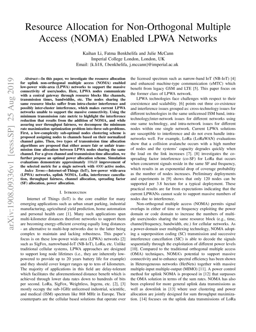 Resource Allocation For Non Orthogonal Multiple Access Noma Enabled