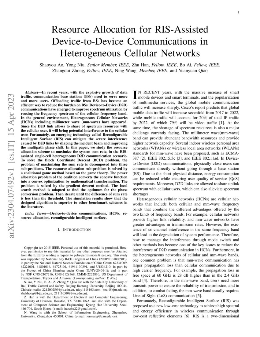 Resource Allocation For Ris Assisted Device To Device Communications In Heterogeneous Cellular