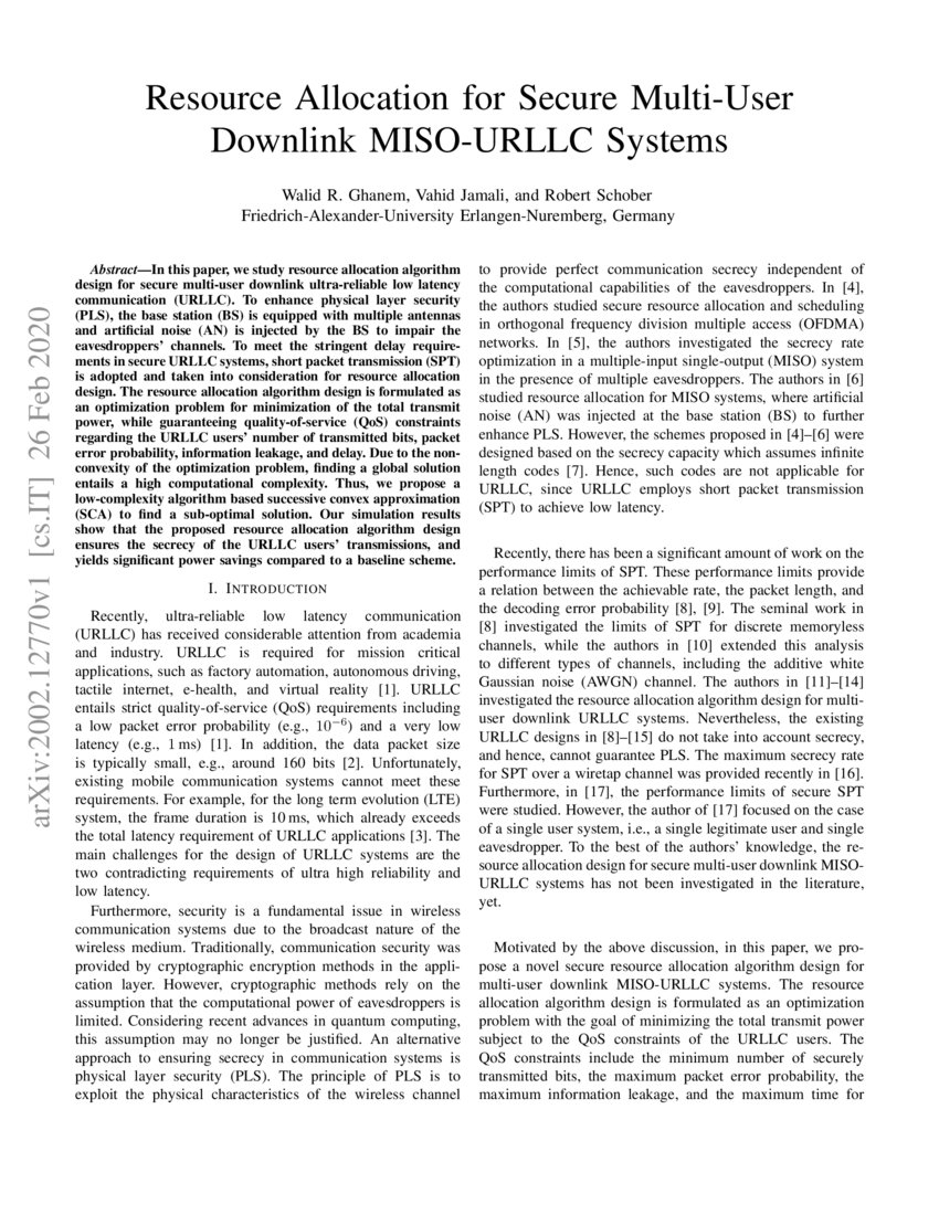 Resource Allocation For Secure Multi User Downlink Miso Urllc Systems Deepai 