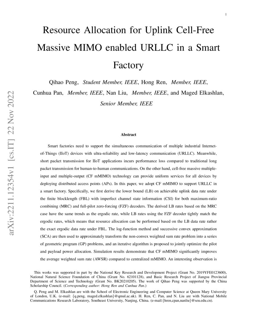 Resource Allocation for Uplink Cell-Free Massive MIMO enabled URLLC in a Smart Factory | DeepAI
