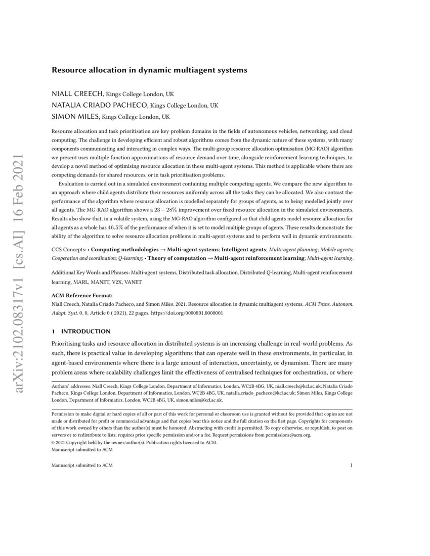Resource allocation in dynamic multiagent systems | DeepAI
