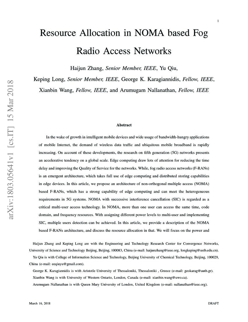 Resource Allocation In Noma Based Fog Radio Access Networks Deepai