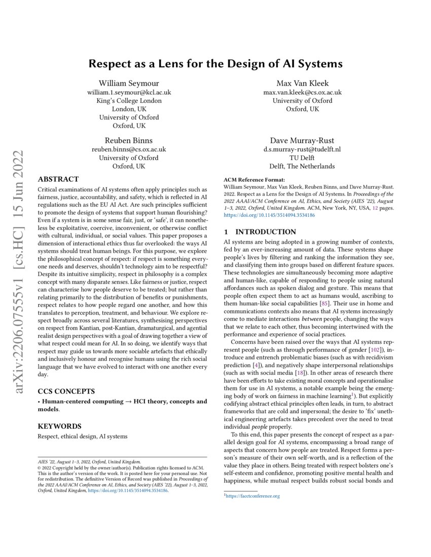 Respect as a Lens for the Design of AI Systems | DeepAI