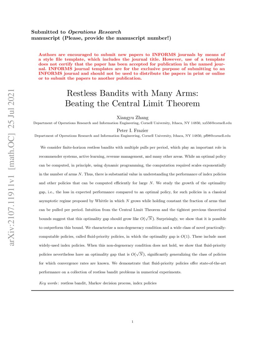 Restless Bandits with Many Arms: Beating the Central Limit Theorem | DeepAI