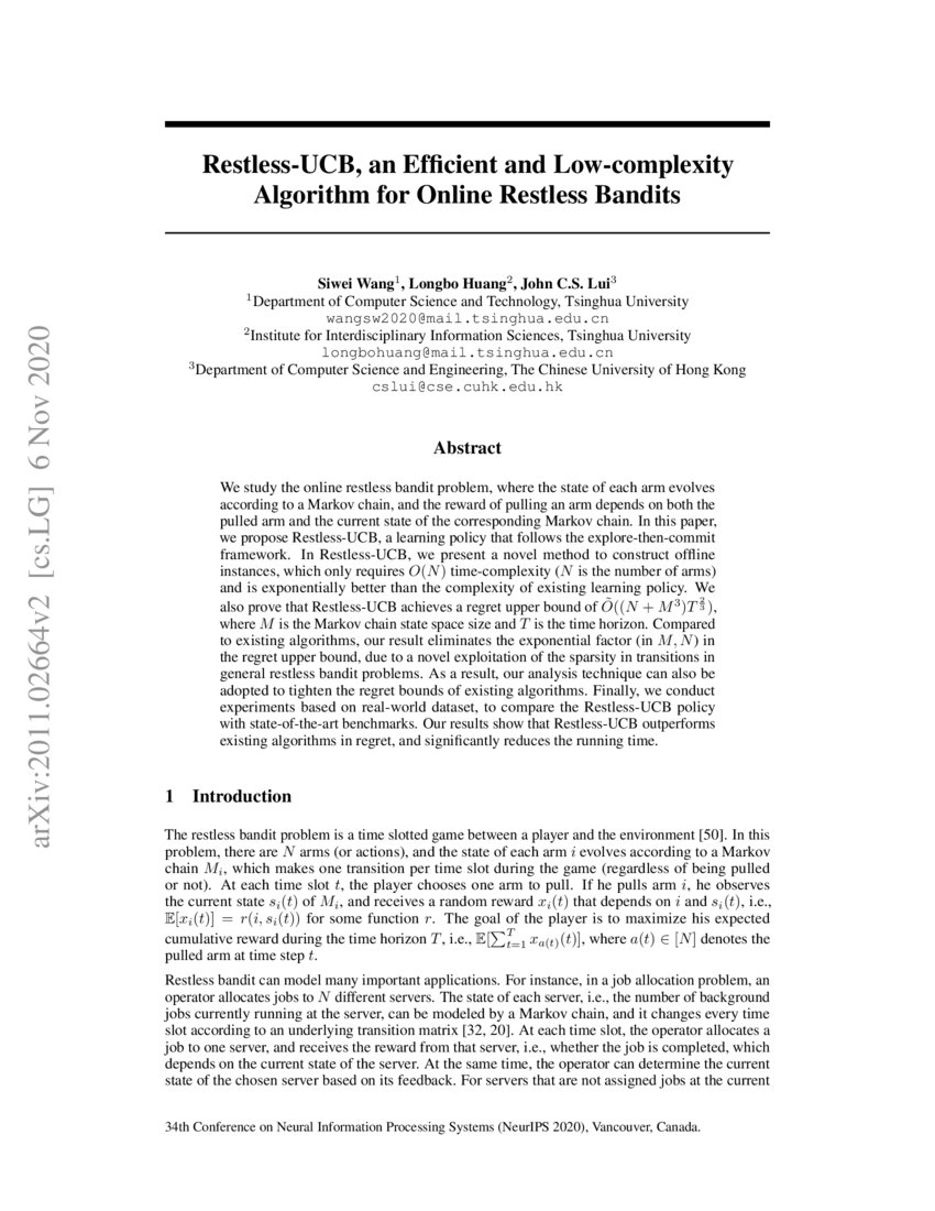 Restless Ucb An Efficient And Low Complexity Algorithm For Online