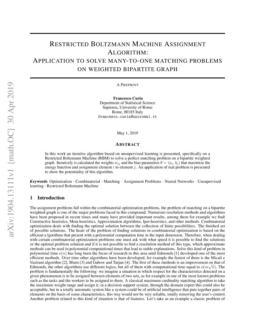 Restricted Boltzmann Machine Assignment Algorithm Application To Solve Many To One Matching