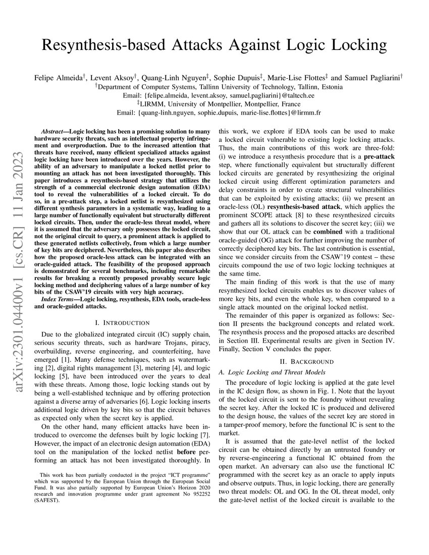 Resynthesis-based Attacks Against Logic Locking | DeepAI