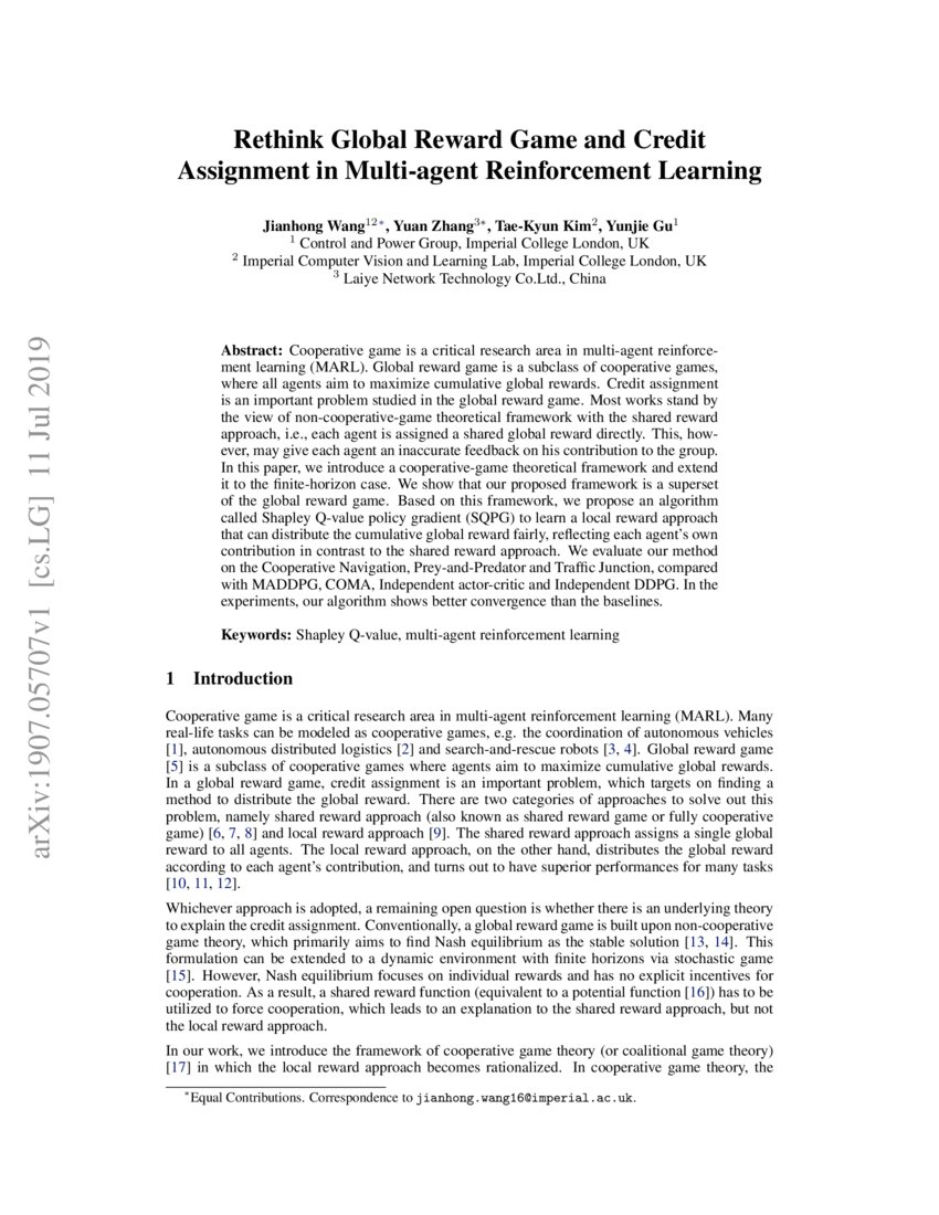 Rethink Global Reward Game and Credit Assignment in Multi-agent ...