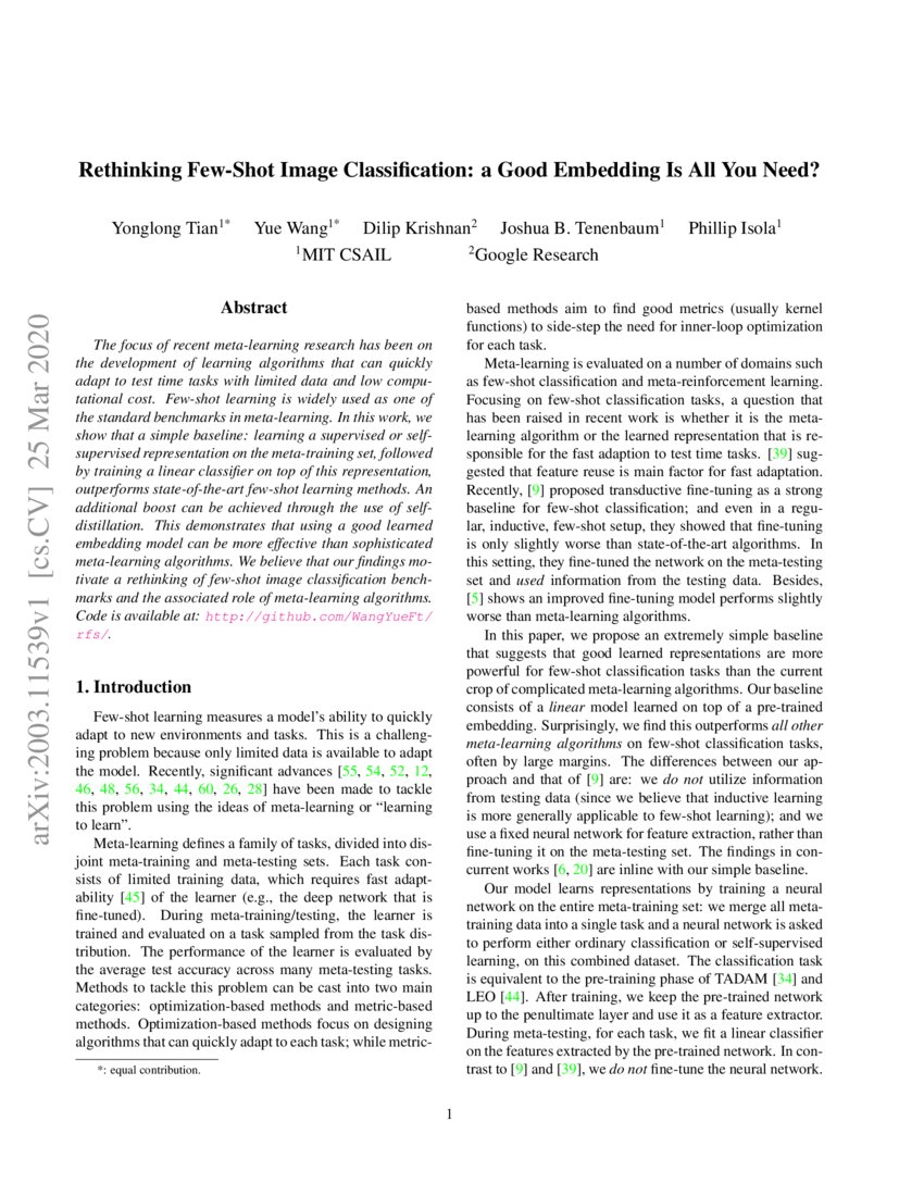 Rethinking Few Shot Image Classification A Good Embedding Is All You Need Deepai