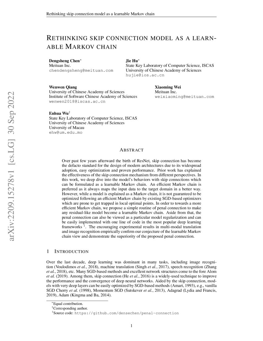 Rethinking Skip Connection Model As A Learnable Markov Chain Deepai