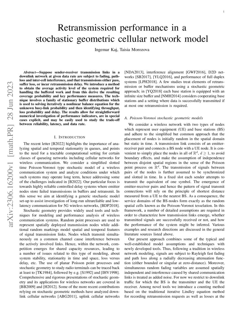 Retransmission Performance In A Stochastic Geometric Cellular Network