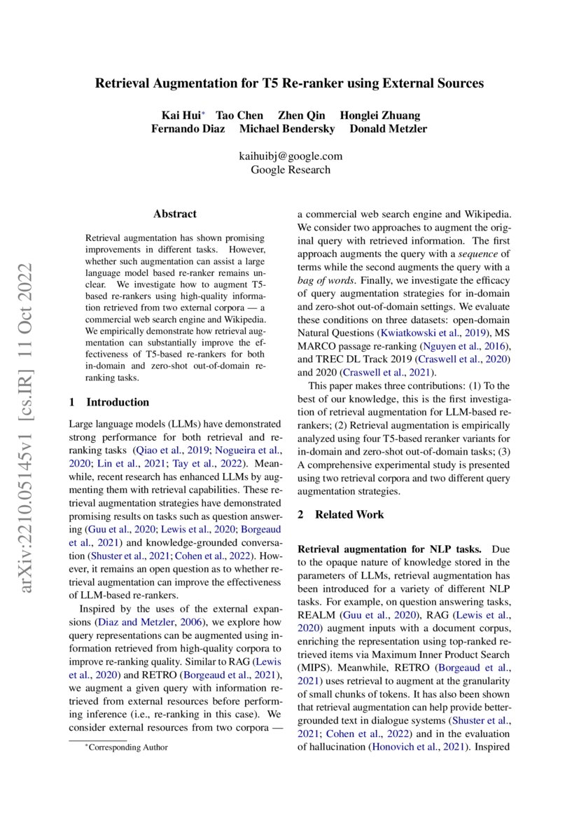 Retrieval Augmentation For T5 Re Ranker Using External Sources Deepai