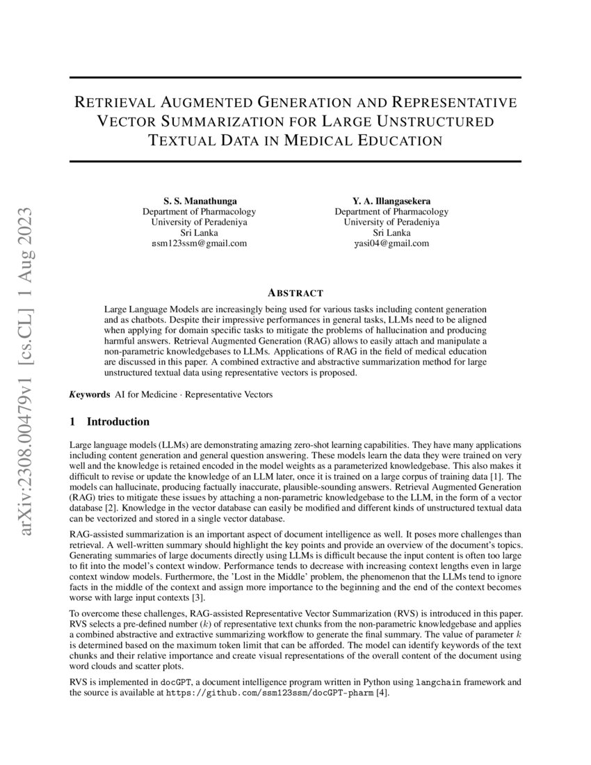 Retrieval Augmented Generation And Representative Vector Summarization For Large Unstructured