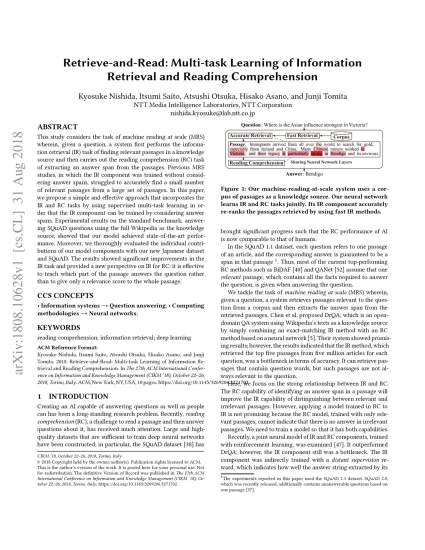 Retrieve And Read Multi Task Learning Of Information Retrieval And