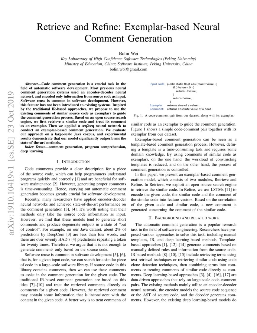 Retrieve and Refine: Exemplar-based Neural Comment Generation | DeepAI